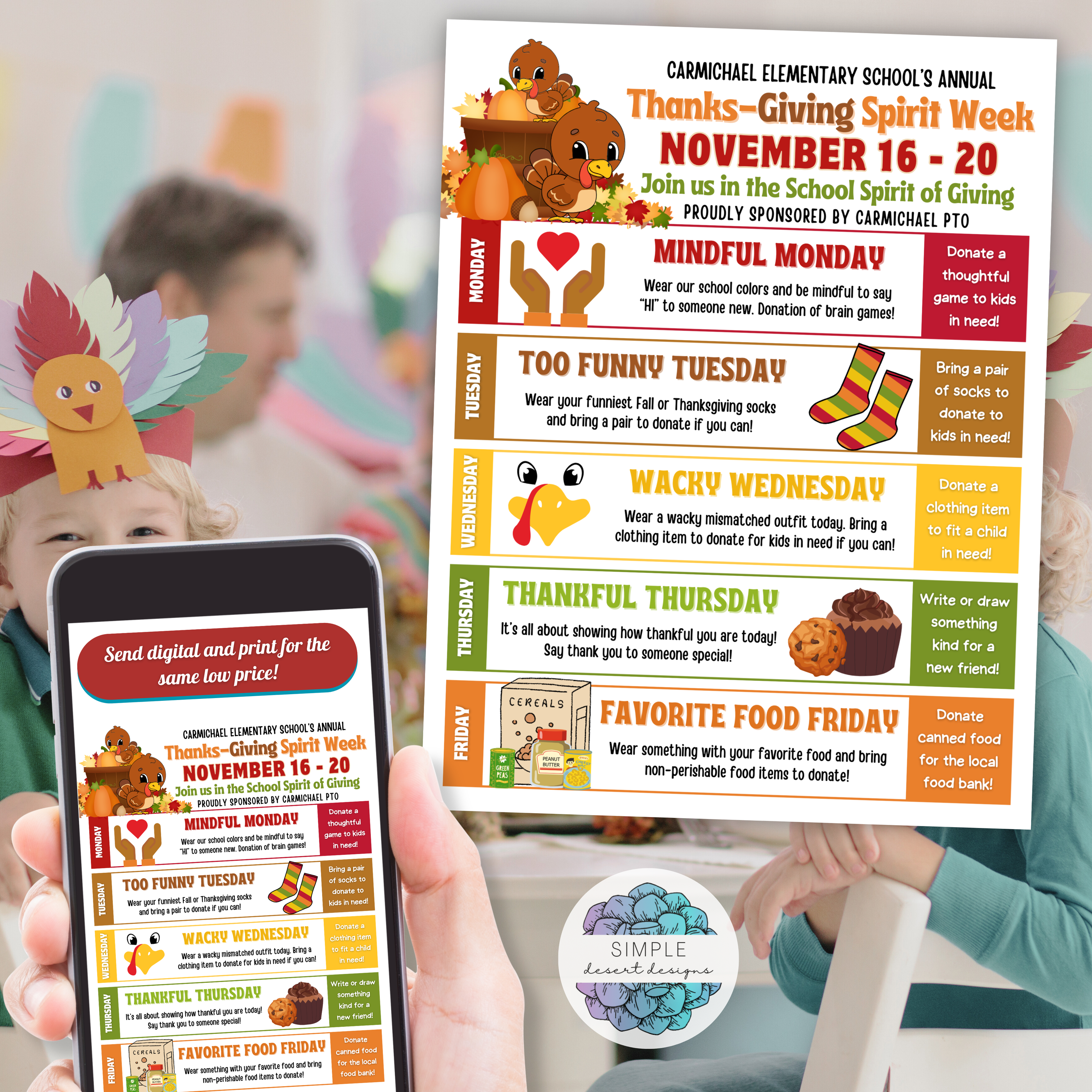 Thanksgiving Spirit Week Schedule Template - Simple Desert Designs