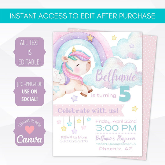 Pastel Sparkles Unicorn Birthday Invitation | Simple Desert Designs